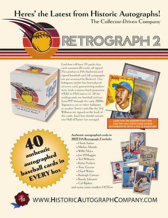 2022 Historic Autographs Retrograph 2 Baseball Hobby Box 5 Packs Per B ...